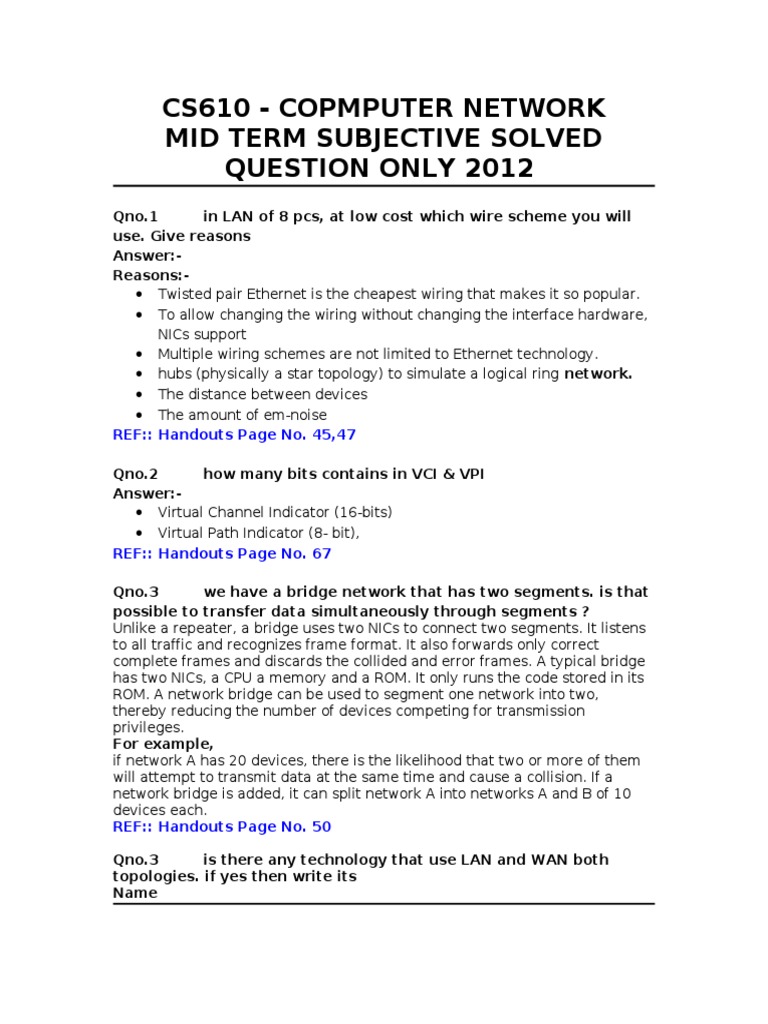 Cs610 - Copmputer Network Mid Term Subjective Solved Question Only 2012 | PDF | Network Packet ...
