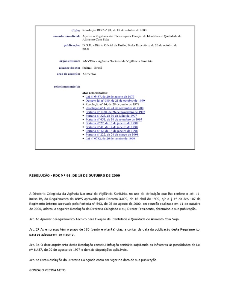 Resolução RDC no 91/2000 da ANVISA estabelece regulamento técnico para ...