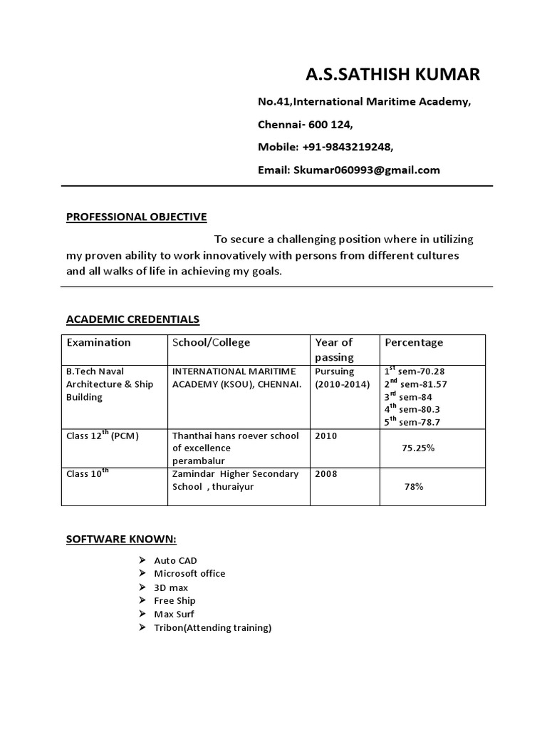 Naval Architecture Resume of A.S. Sathish Kumar | PDF