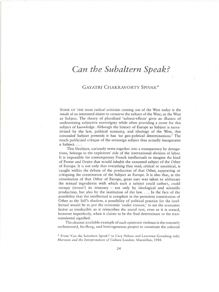 Spivak (1998) Can Subaltern Speak PDF | PDF