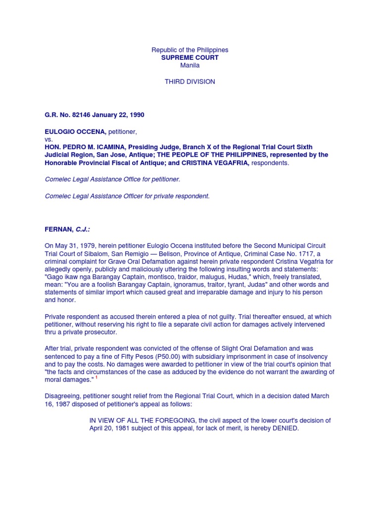 Occena Vs Icamina | PDF | Defamation | Crime & Violence