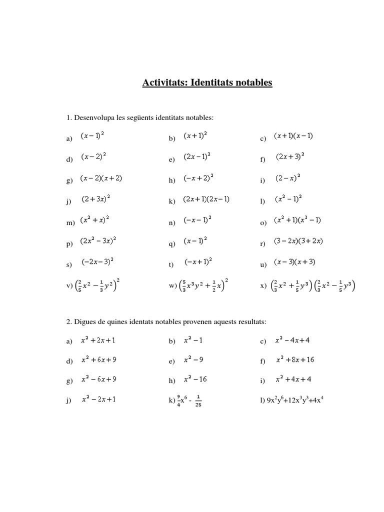 Exercicis Identitats Notables | PDF