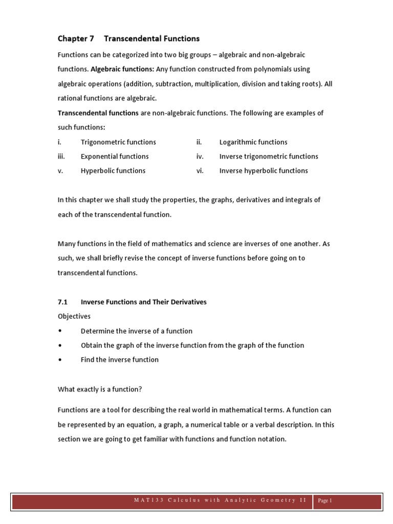 New Chapter 7 Transcendental Functions | PDF | Trigonometric Functions | Function (Mathematics)