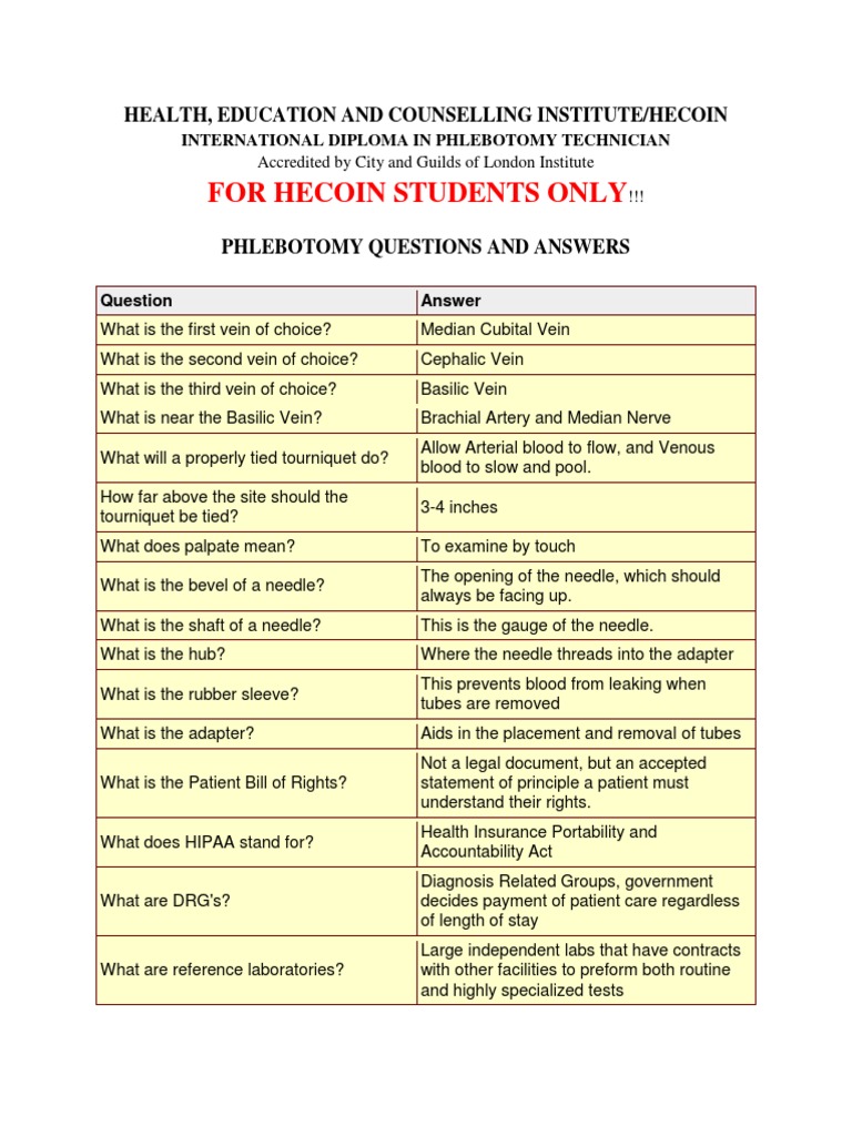 Phlebotomy Questions and Answers 2.docx | White Blood Cell ...