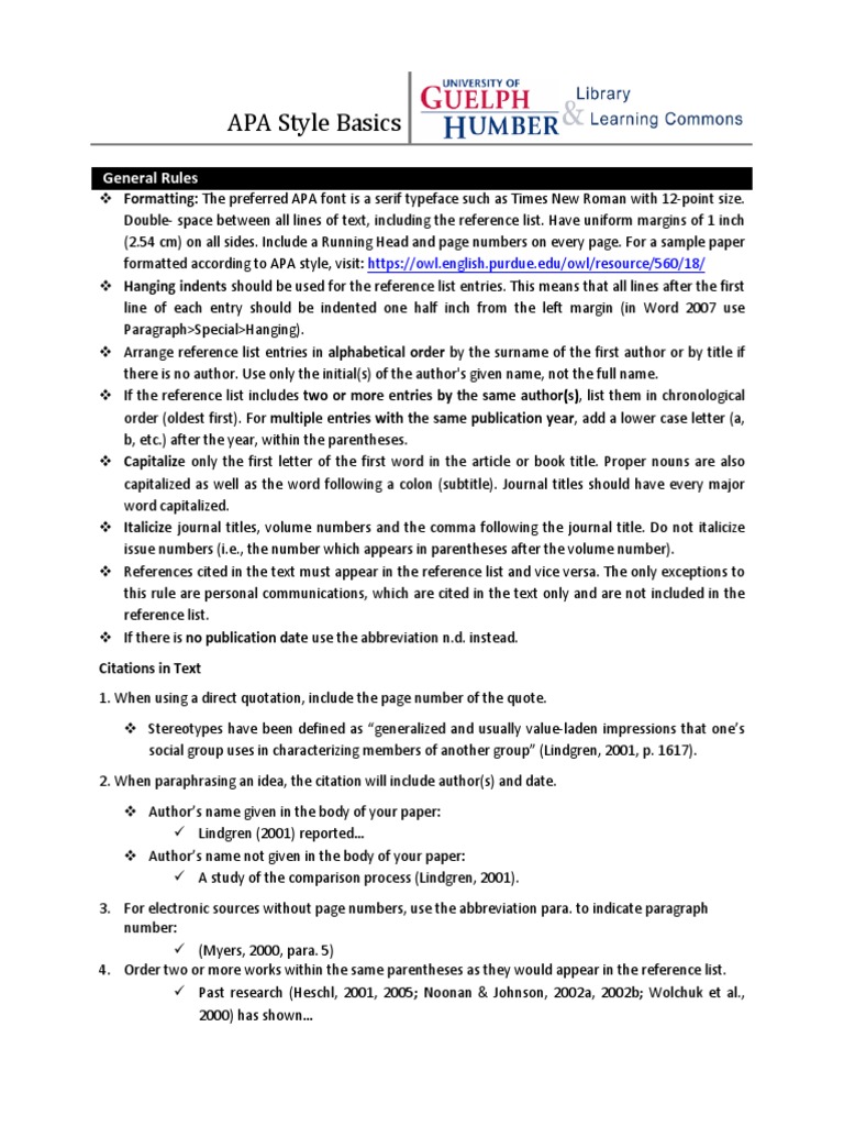 APA Style Basics Handout | PDF | Citation | Typefaces