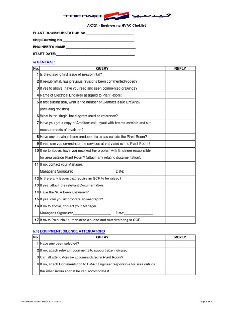 HVAC Plant Room/Substation Engineering Checklist - AX324 | PDF | Hvac ...