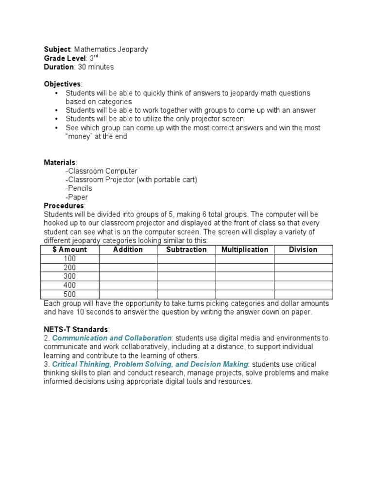 3rd Grade Math Jeopardy Game | PDF