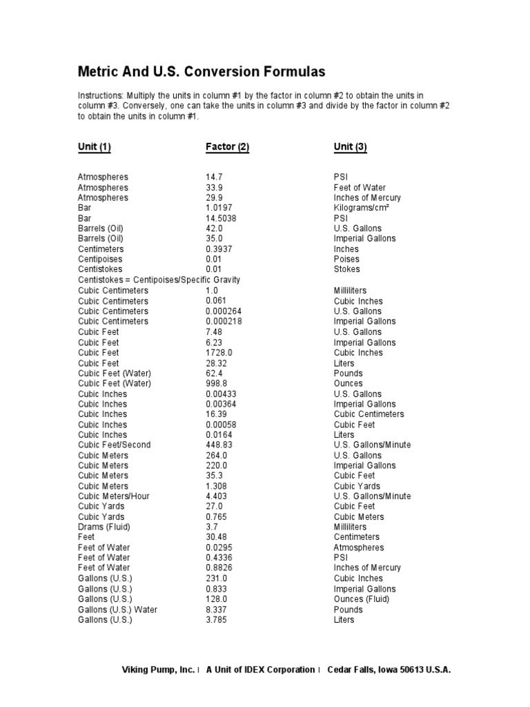 Metric and U.S. Conversion Formulas | PDF | Gallon | Foot (Unit)