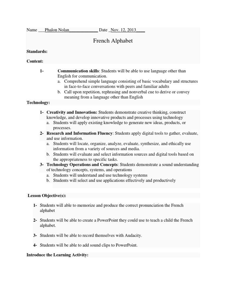 French Alphabet Lesson Plan | Lesson Plan | English Language