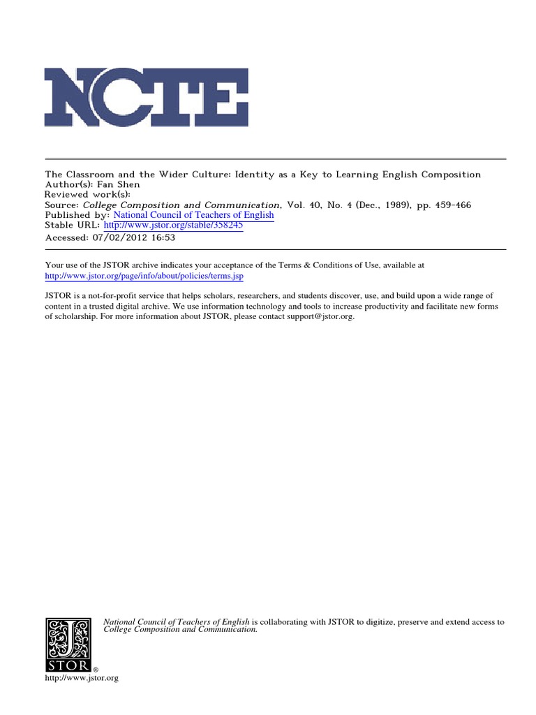 Fan Shen The Classroom and Wider Culture Identity As A Key To Writing ...