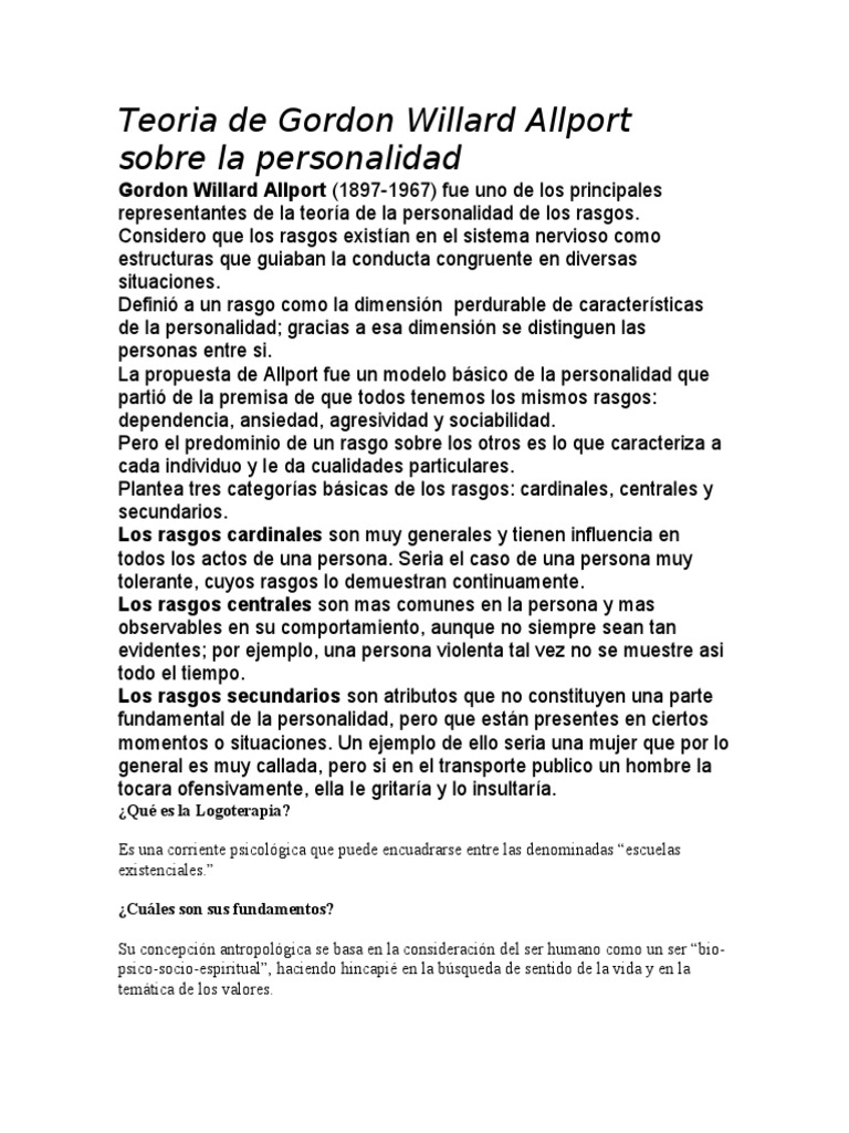 Teoria de Gordon Willard Allport Sobre La Personalidad | PDF ...