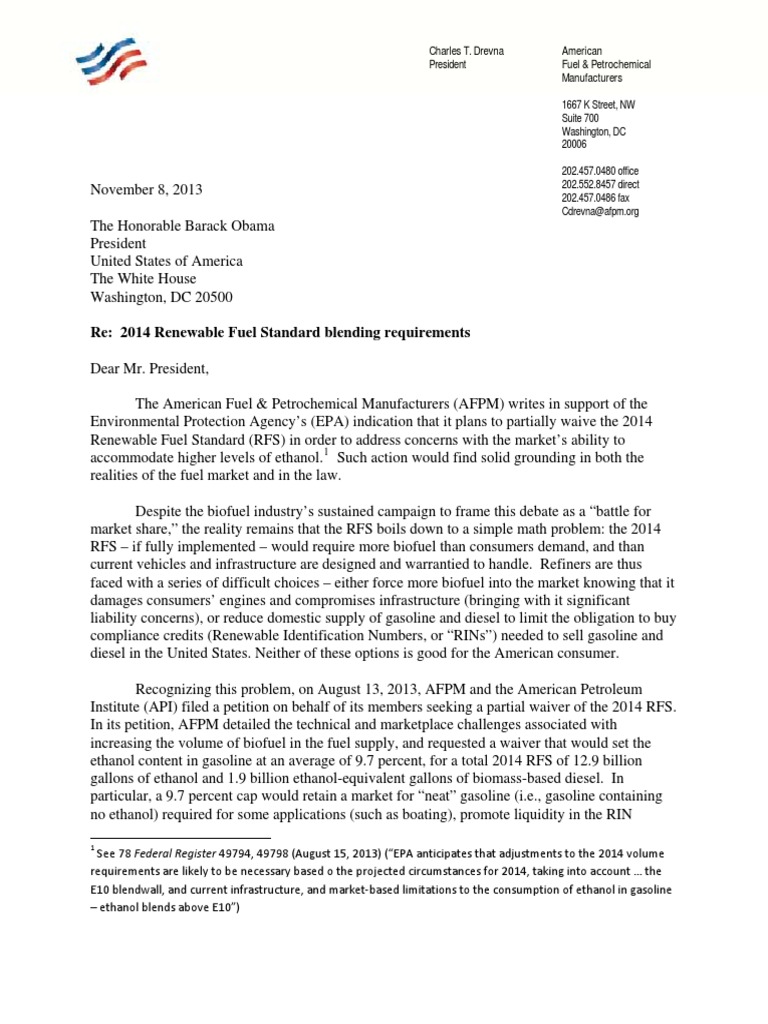 AFPM Administration Letter | PDF | Gasoline | Chemical Energy Sources