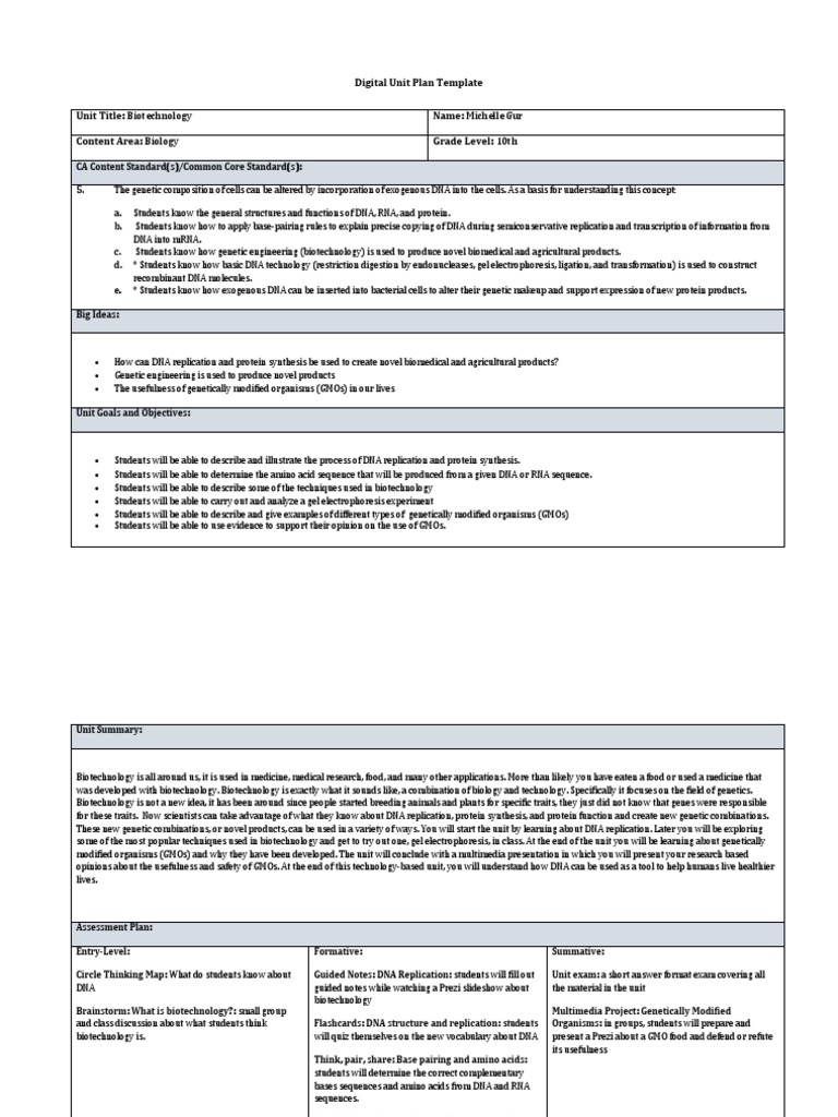 Biotechnology Unit Plan for 10th Grade | PDF | Genetics | Genetic ...
