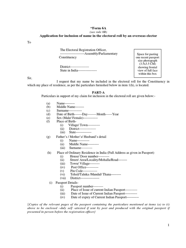 "Form 6A Application For Inclusion of Name in The Electoral Roll by An ...