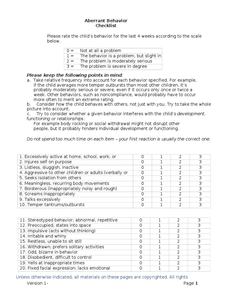 Please Keep The Following Points in Mind:: Aberrant Behavior Checklist ...
