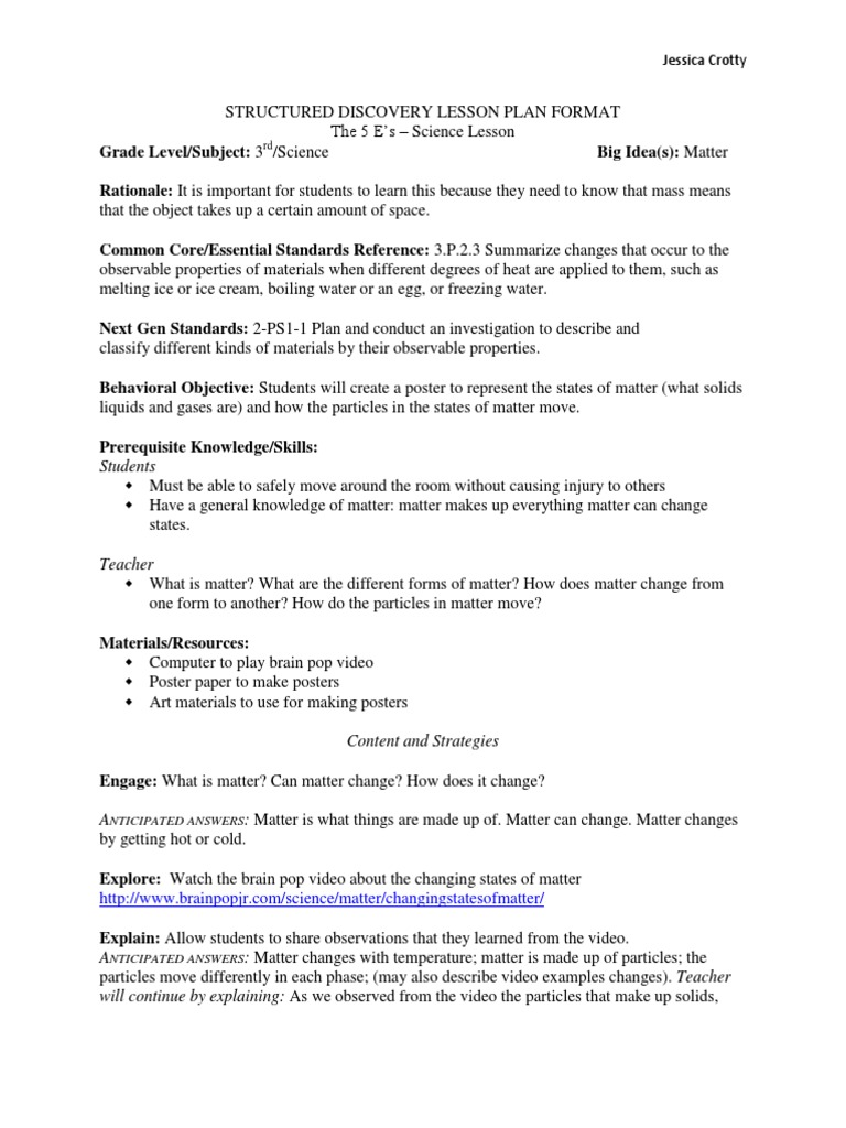 Science Matter Lesson Plan | PDF | Matter | Gases