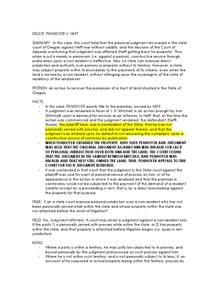 Pennoyer v. Neff | PDF | Service Of Process | Lawsuit
