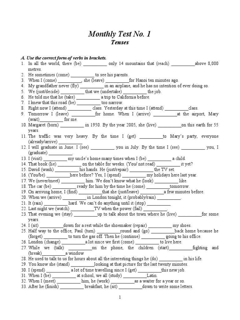 Monthly Test For English Tenses | PDF | Linguistic Typology | Syntax