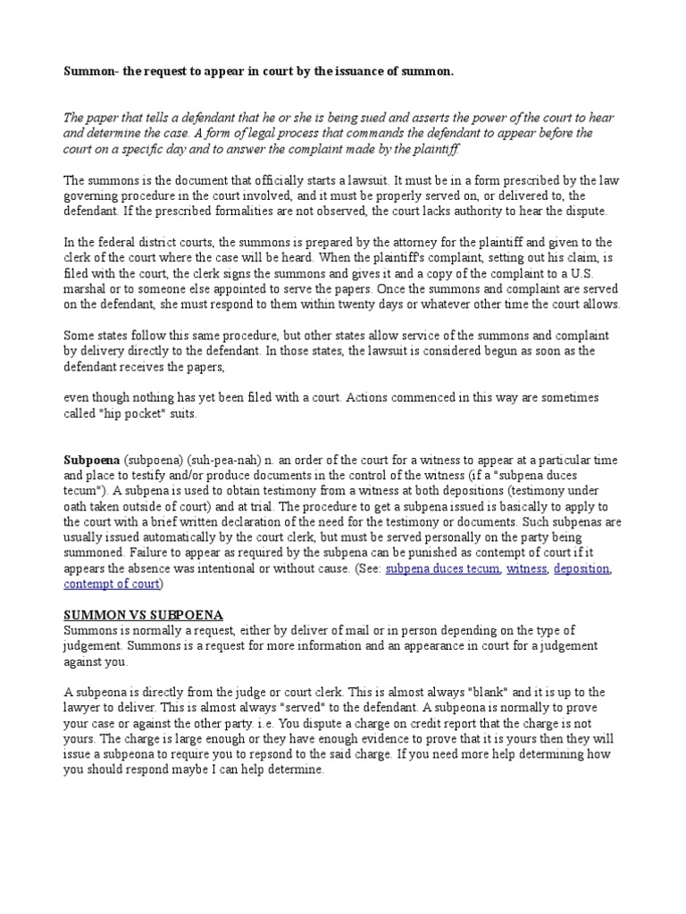 Understanding Summons and Subpoenas | PDF | Subpoena | Lawsuit
