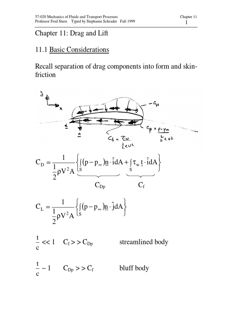 Chapter 11: Drag and Lift 11.1 Basic Considerations Recall Separation ...