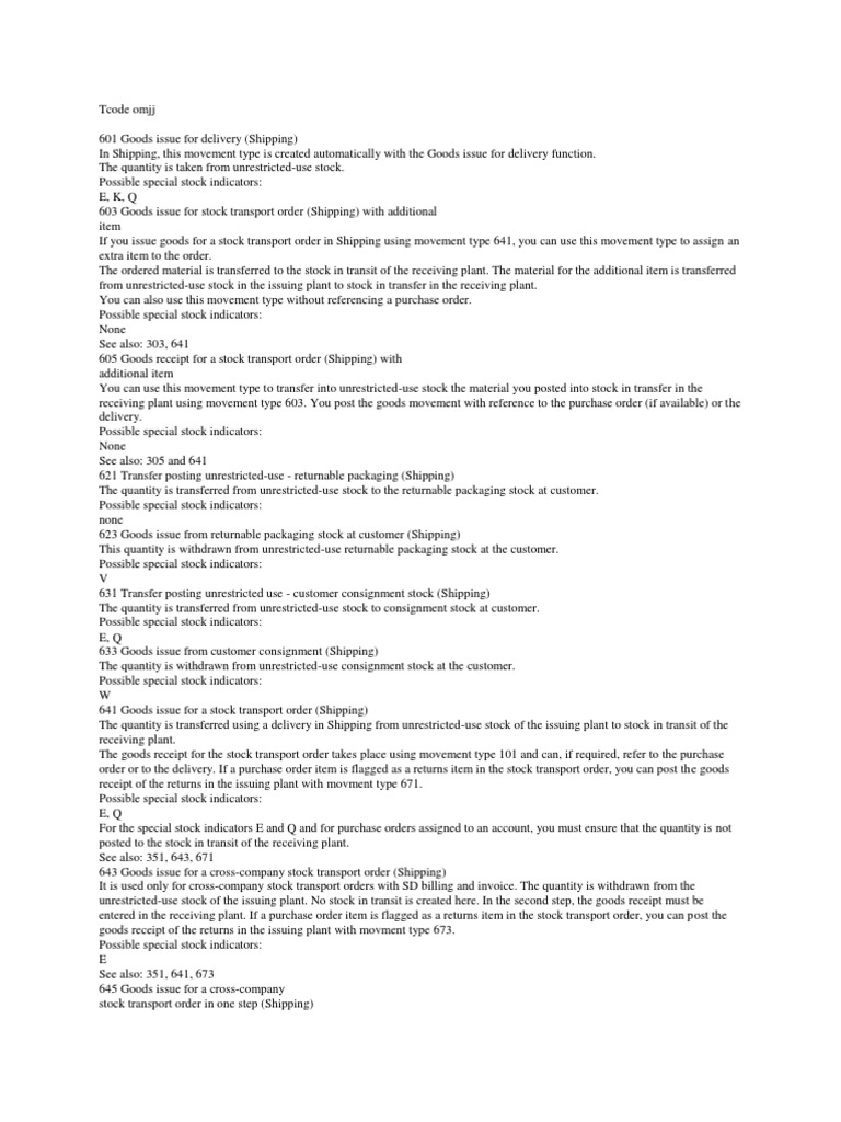 Movement Types For SD | PDF | Trade | Business