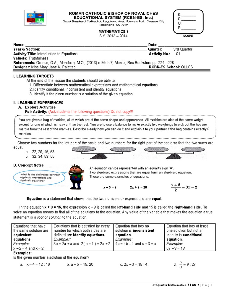 3rd Quarter Math G7 LAS (Week 1 - 2) | PDF | Numbers | Equations