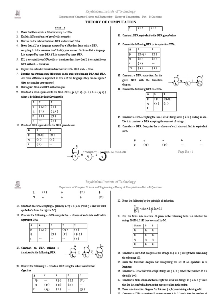 Theory Of Computation Part B Question Bank Pdf Regular Expression Theory Of Computation