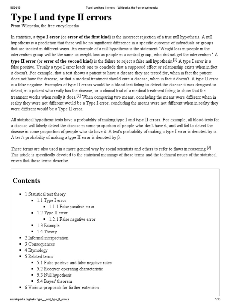 Type I and Type II Errors - Wikipedia, The Free Encyclopedia | Download ...