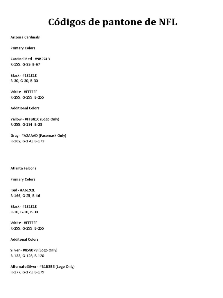 NFL team color codes | PDF | Professional Sports Leagues | Color