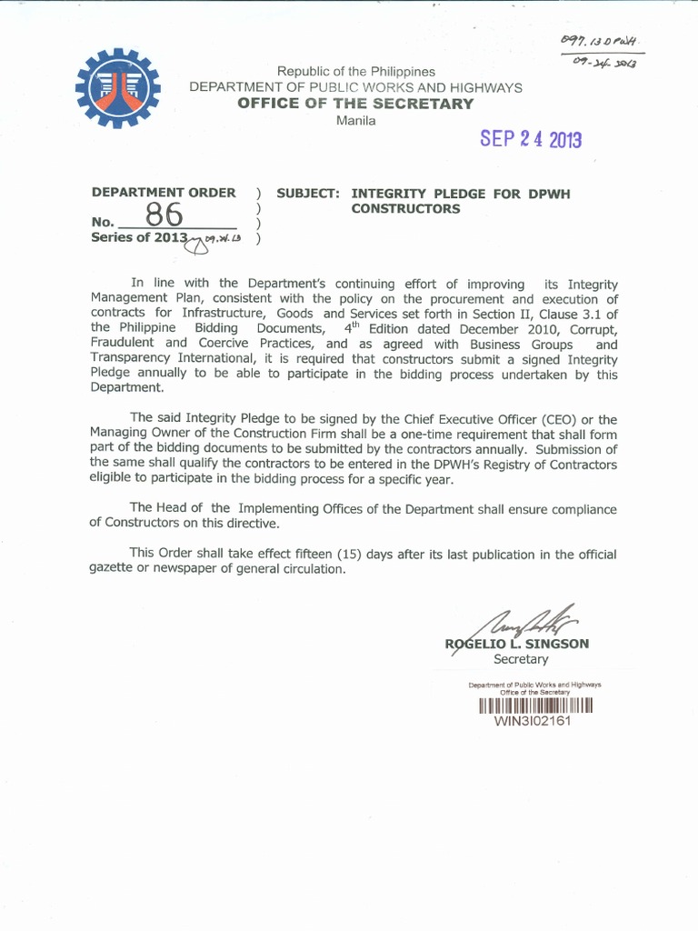 Integrity Pledge - DPWH DO 086_S2013 | Construction Bidding | Bribery