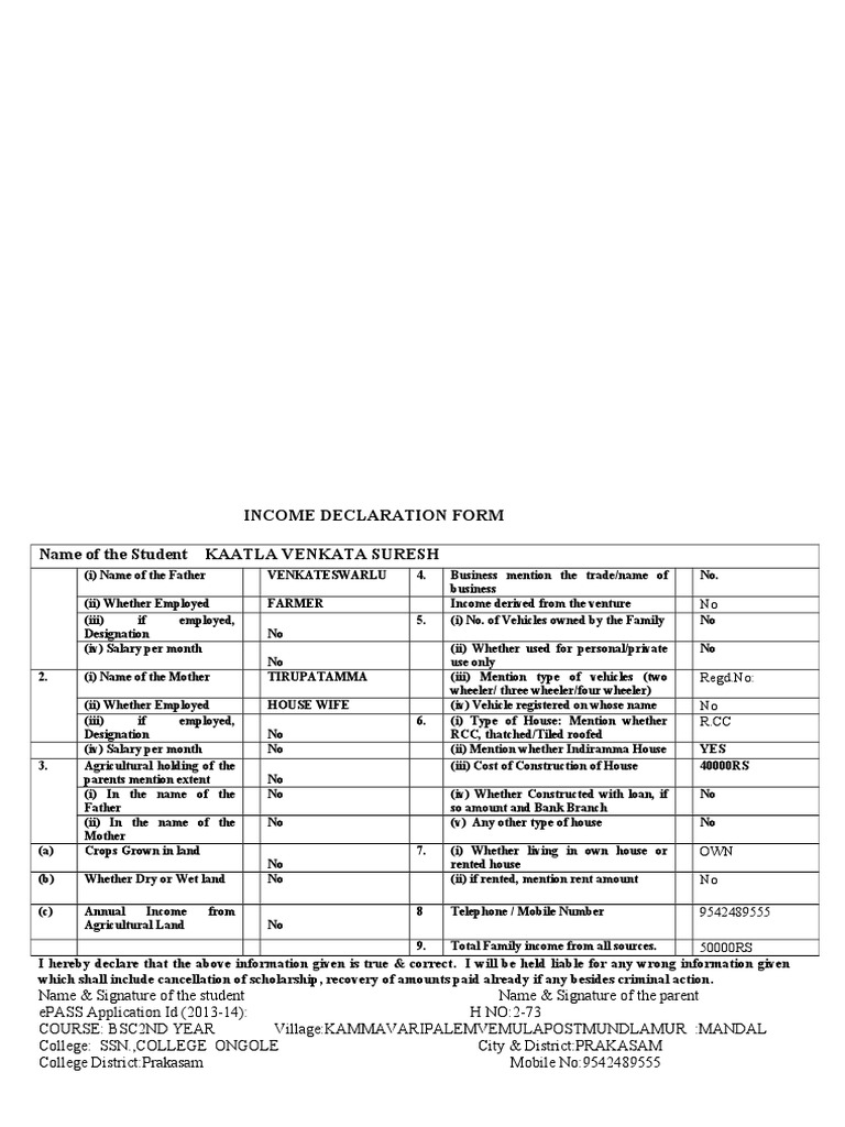 Income Declaration Form Name of The Student Kaatla Venkata Suresh | PDF