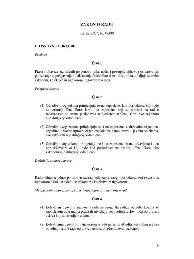 Zakon o Radu Crne Gore PDF | PDF