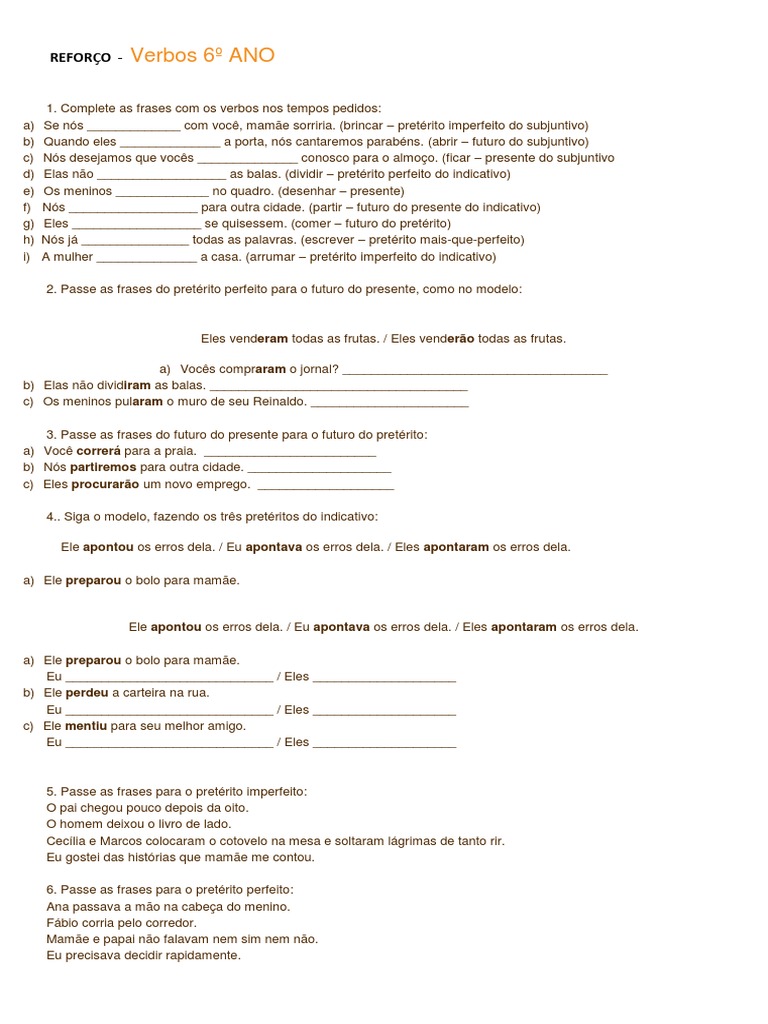 Verbos no 6o ano: exercícios de identificação e conjugação de tempos ...