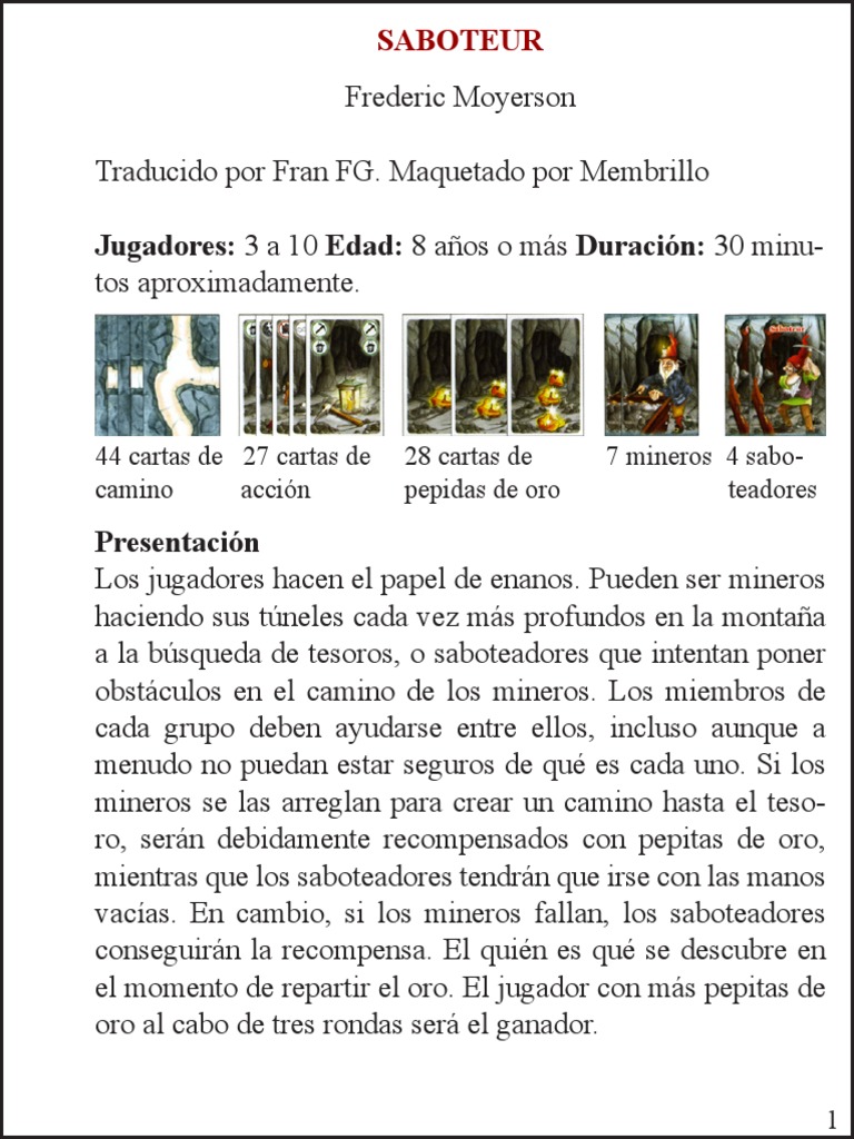Saboteur Spanish Rules | Descargar gratis PDF | Jugando a las cartas | Oro