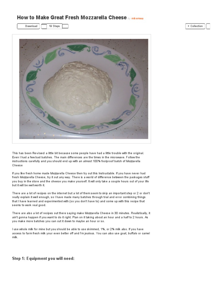 How To Make Great Fresh Mozzarella Cheese PDF | PDF | Ricotta | Milk