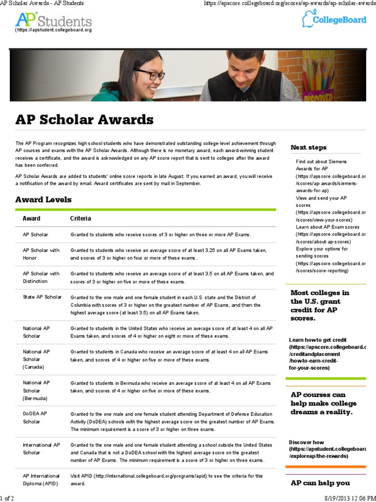 AP Scholar Awards Overview and Criteria | PDF | Advanced Placement ...
