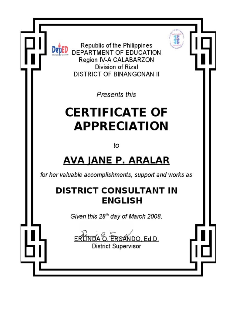 Certificate of Appreciation As Coordinator | PDF