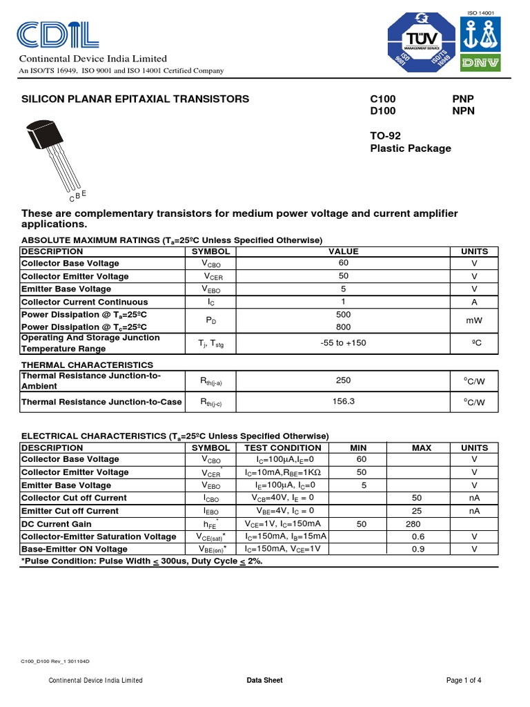 c100 d100 | PDF | Bipolar Junction Transistor | Semiconductors