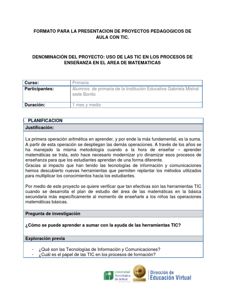 Formato para La Presentacion de Proyectos Pedagogicos de Aula Con Tic PDF | PDF | Educación ...
