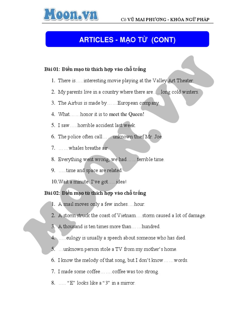 Articles Worksheet for Grade 3 | PDF