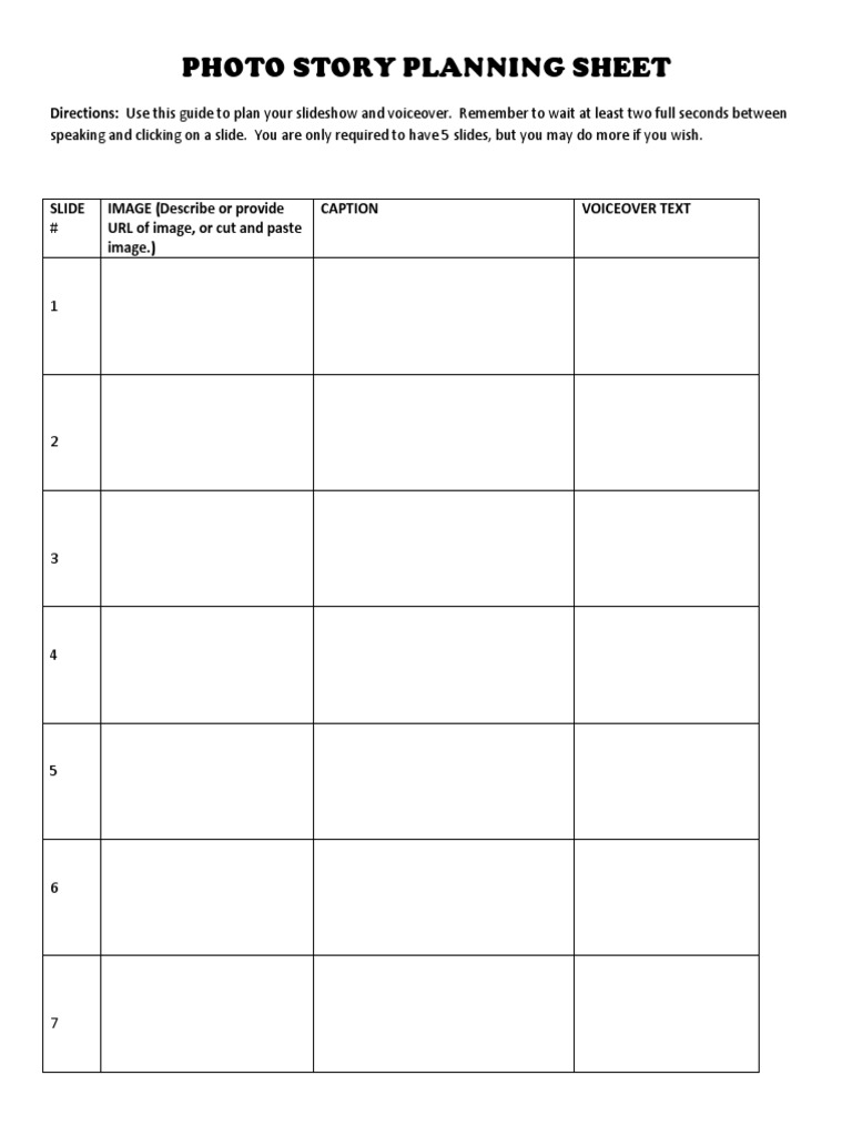 Photo Story Planning Sheet | PDF | Imaging | Art Media
