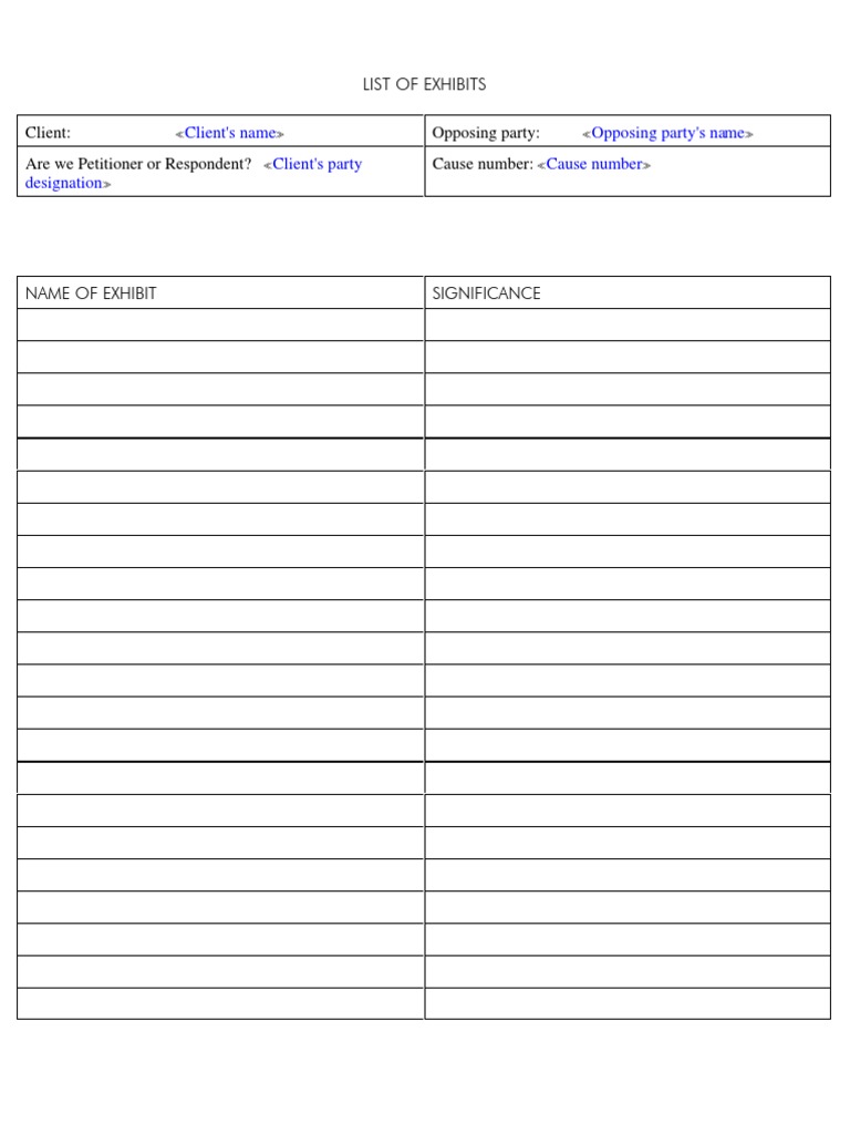 Exhibit List Template for Court | PDF | Law