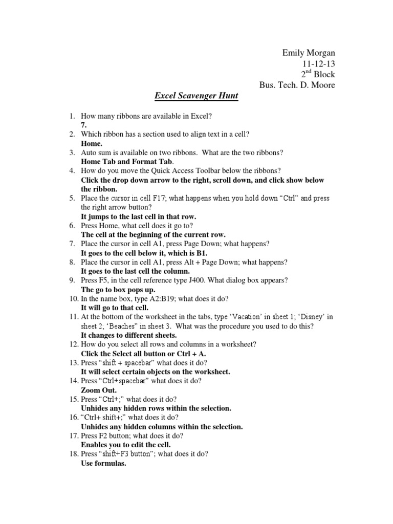 Excel Scavenger Hunt 11-12-13 | PDF | Microsoft Excel | Human–Computer ...