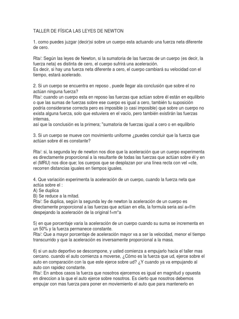 Taller de Física Las Leyes de Newton | PDF | Las leyes del movimiento ...