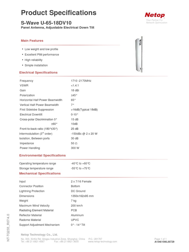 Product Specifications: S-Wave U-65-18DV10 | PDF | Science & Mathematics