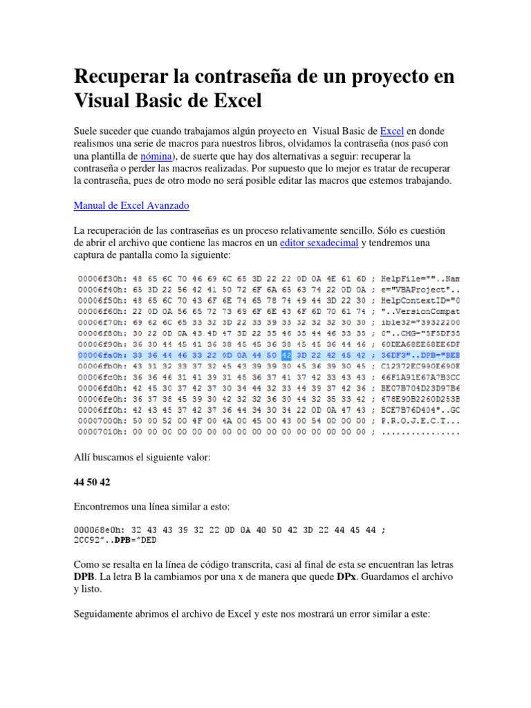Recuperar La Contraseña de Un Proyecto en Visual Basic de Excel | PDF | Microsoft Excel | Macro ...