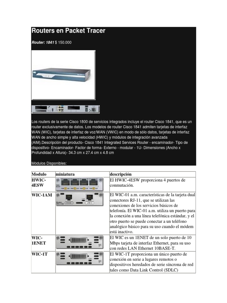 Packet Tracer Routers | PDF | Enrutador (Computación) | Módem