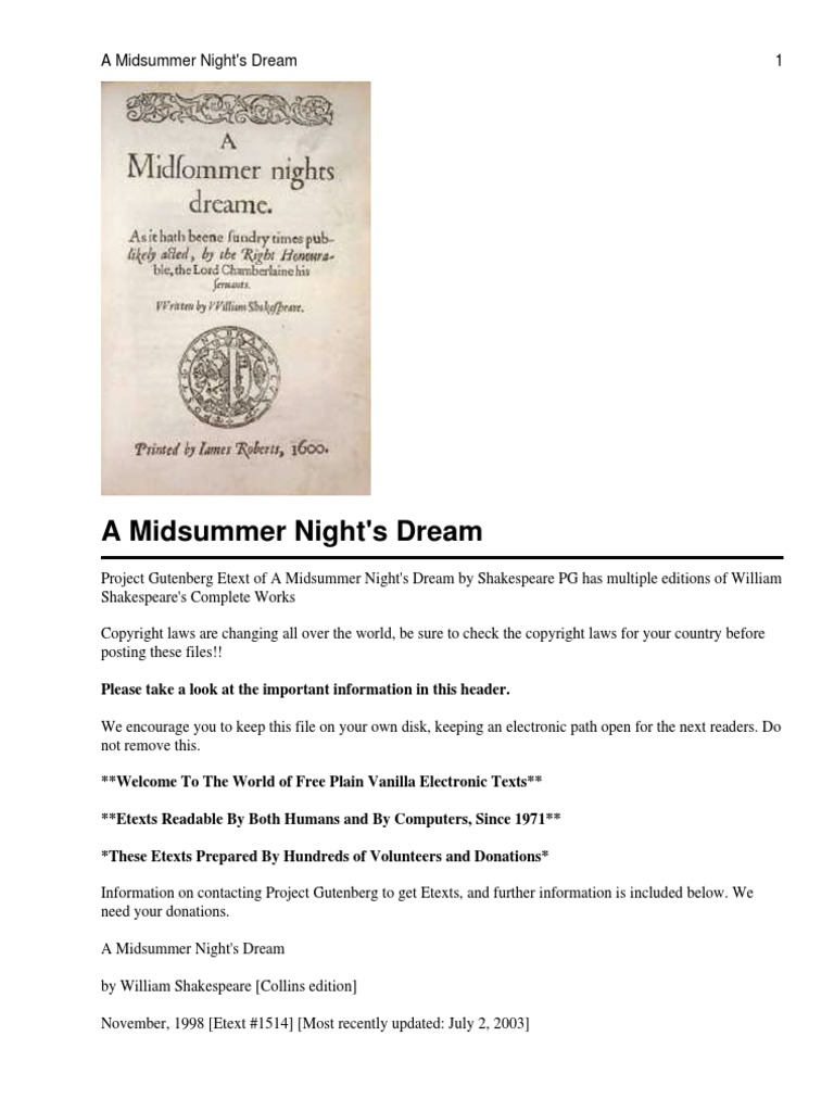 A Midsummer Night's Dream - Summary | PDF