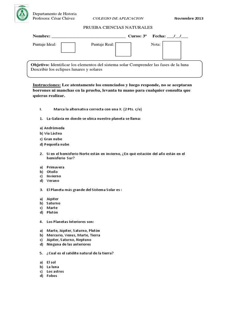 Prueba Del Sistema Solar Teachervision
