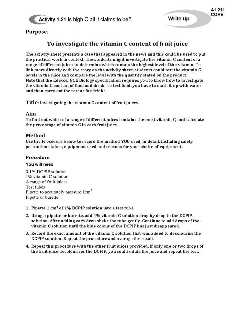 Vitamin C Core Practical Write Up PDF | Vitamin C | Juice